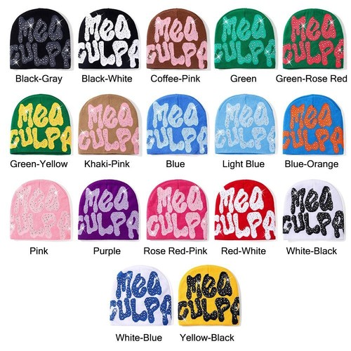 Warm MEA Culpa Beanies Hat with Rhinestone Knitted Slouchy Cap for ...