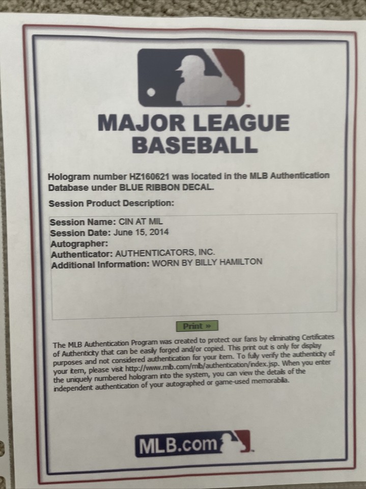 2014 Blue Ribbon Decal Worn On Jersey MLB Logo Game Used Billy Hamilton ...