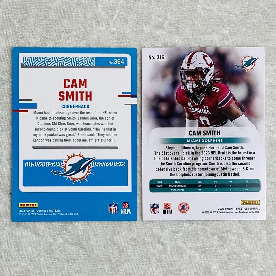 Cam Smith RC Yellow Press Proof #364 & Prestige 2023 Panini Dolphins ...