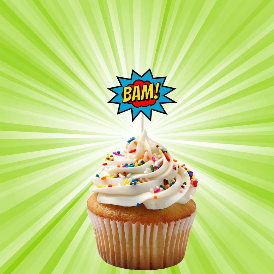 Comic Book Signs Cupcake Toppers 12 Pack Superhero Cake Decorating ...