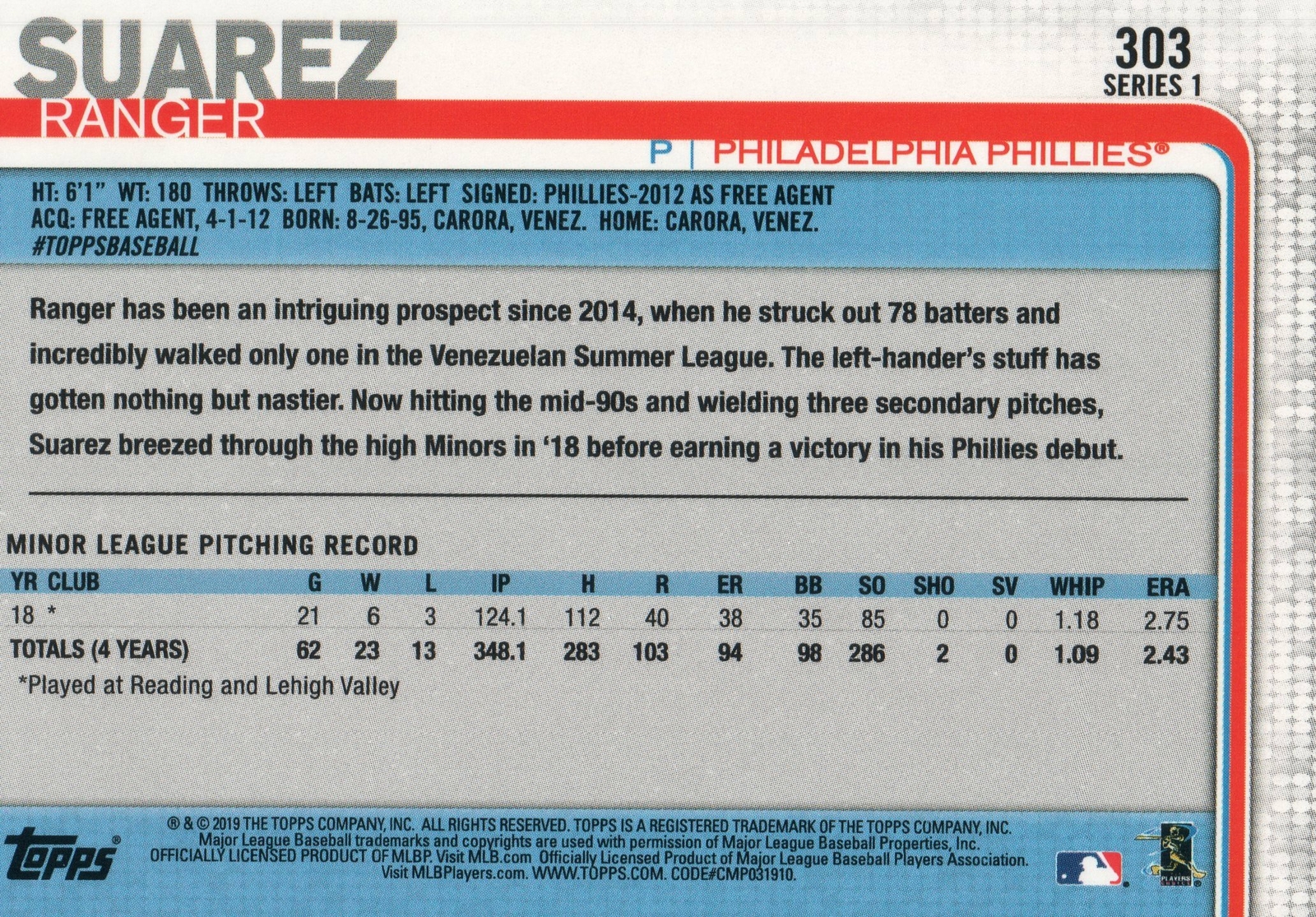 #303 Ranger Suarez Rookie Philadelphia Phillies 2019 Topps Series 1 ...