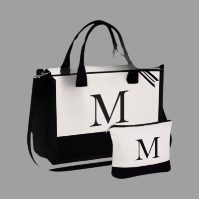 Initial Canvas Tote Bag & Makeup Bag Letter “M” | eBay