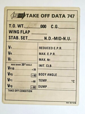 RARE VINTAGE SEABOARD WORLD AIRLINES SWA B-747 TAKEOFF AND LANDING DATA ...