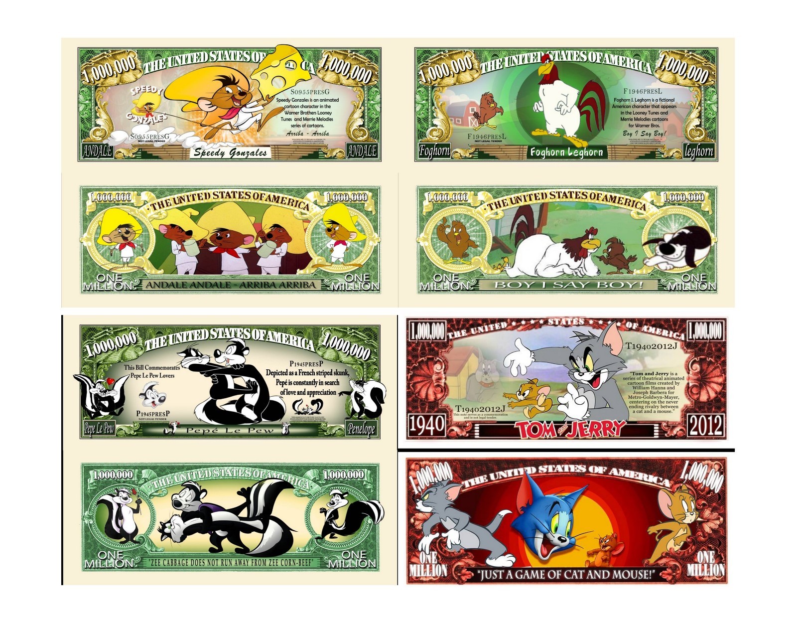 Wacky Classic Cartoons Set of 20 Million Dollar Funny Money Notes ...