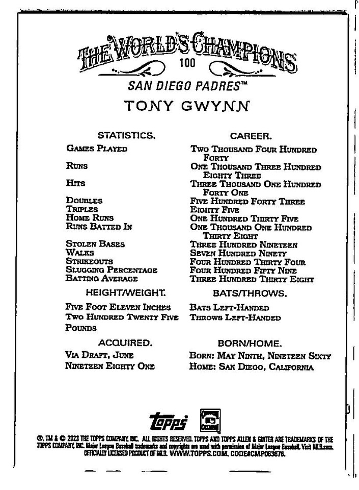 2023 Topps Allen And Ginter 100 Tony Gwynn San Diego Padres Baseball