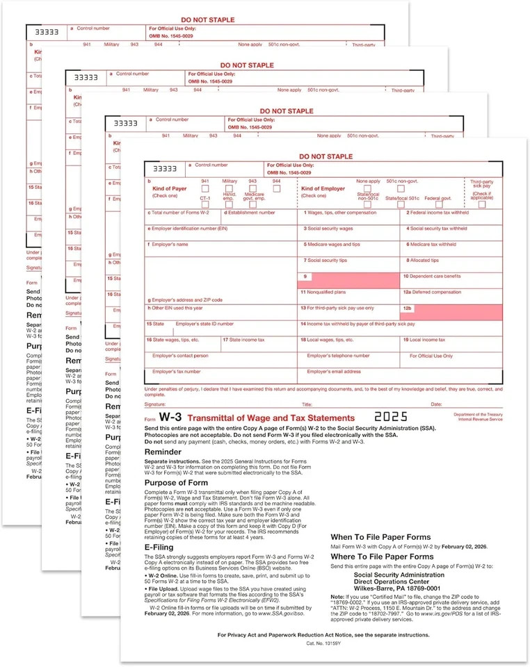 W3 Forms 2025, 10 Form W-3 Summary Laser Forms for Transmittal of Wage ...