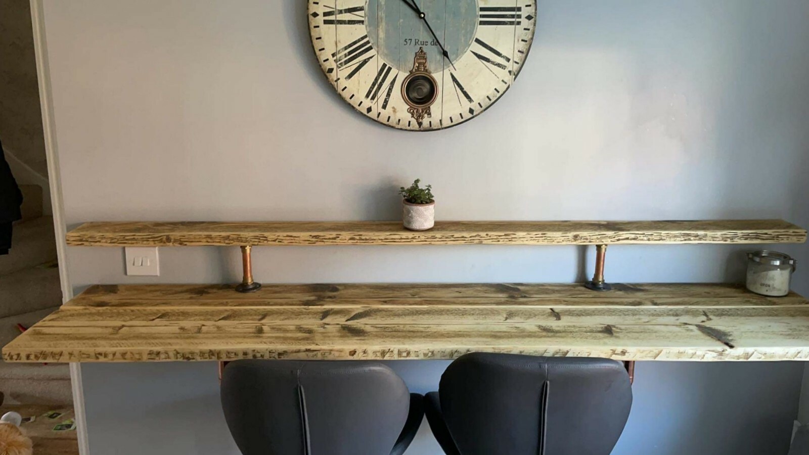 Rustic Two-Tier Breakfast Bar, Supported by Industrial Designed Copper ...