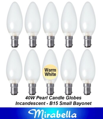 10 x 40W Pearl Candle Shaped Light Globes Bulbs Lamps Small Bayonet Cap ...