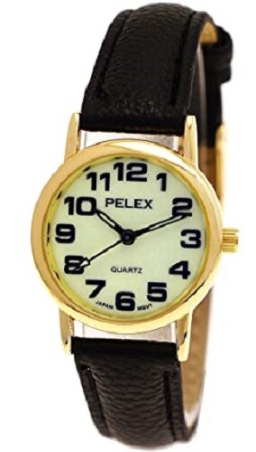 Ladies Easy Read Glow in The Dark Watch by Pelex Black Faux Strap PLX ...