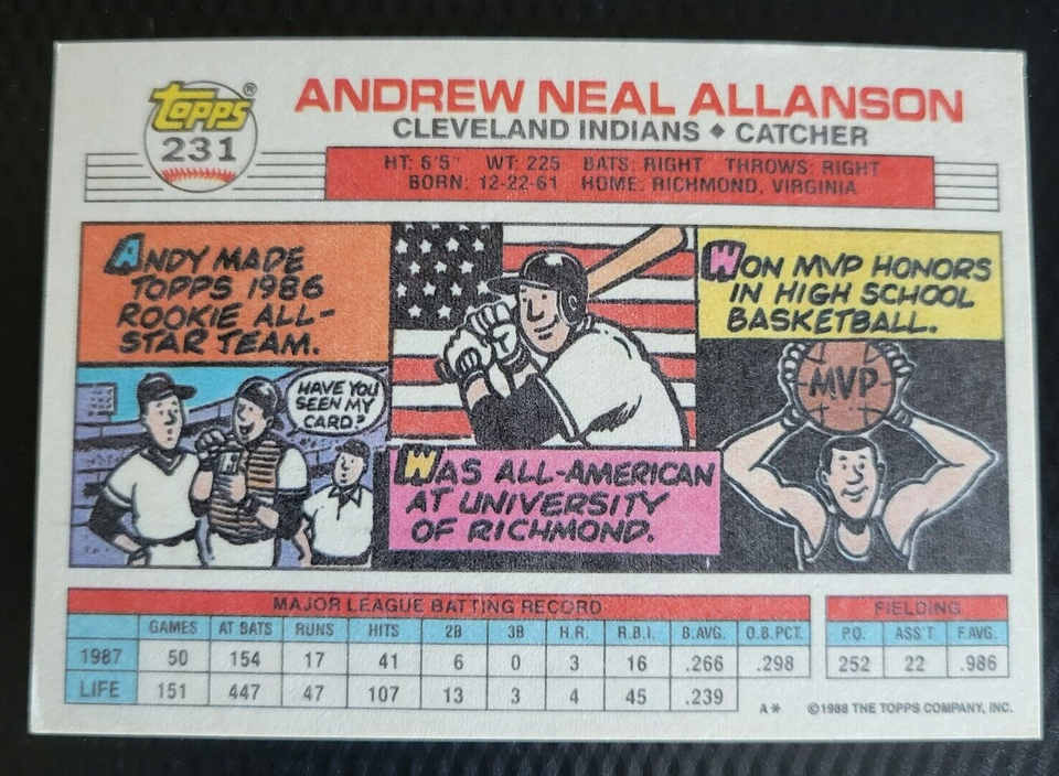 1988 Topps Big ANDY ALLANSON Cleveland Indians MLB Baseball Card #231 ...
