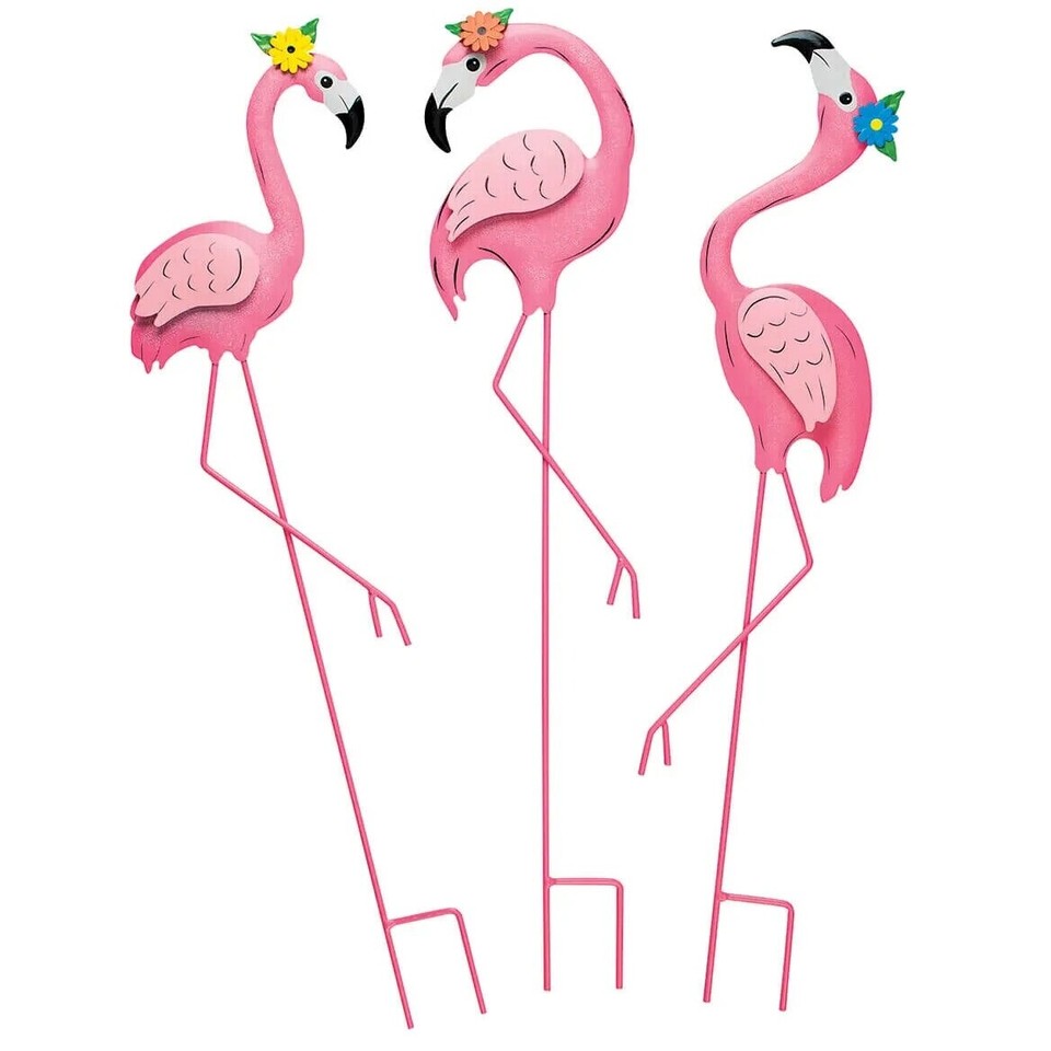 Set of 3 Pretty In Pink Flamingo Metal Garden Stakes Outdoor Yard Lawn ...