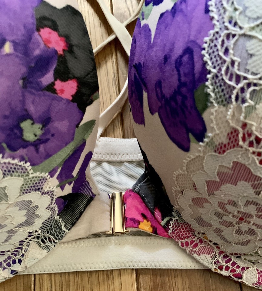 Plus Size 44C Cacique Front Close Boost Plunge Bra Cream Lace Floral ...