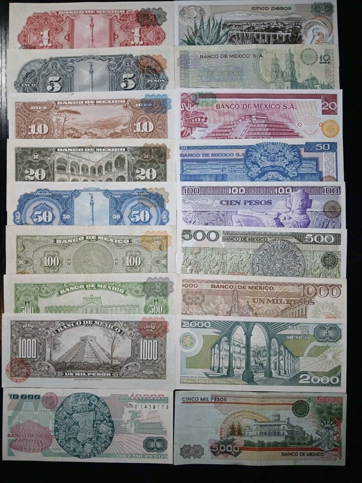 MEXICO SET 18 BANKNOTES LOT 70'S 80'S 1 5 10 20 50 100 500 1000 5k 10k ...