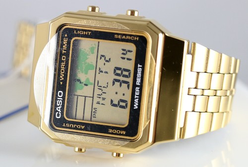 Casio World Time 5 Alarms LED Backlight Gold Steel Band Watch A-500WGA ...