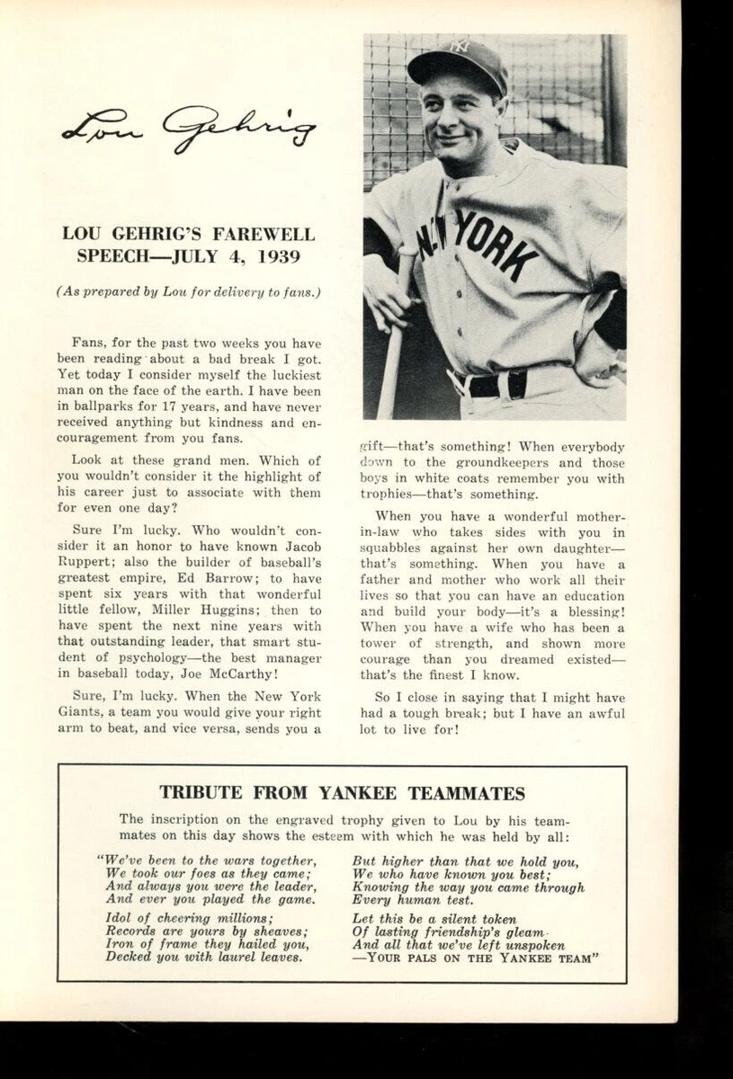 Lou Gehrig Farewell Speech Text