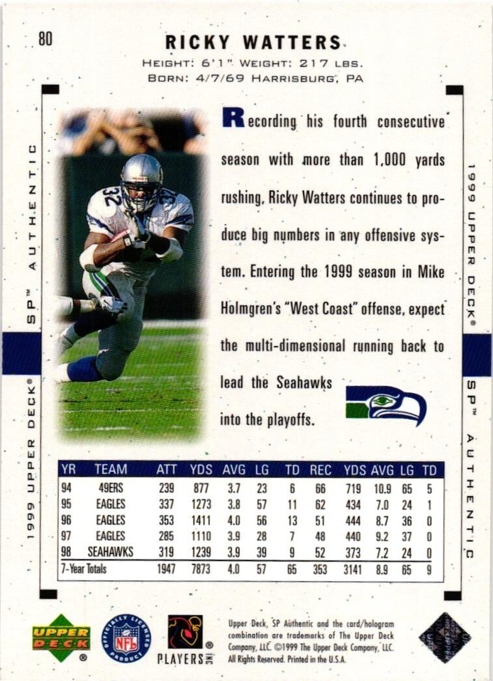 1999 SP Authentic Football Card #80 Ricky Watters Seattle Seahawks NrMt ...