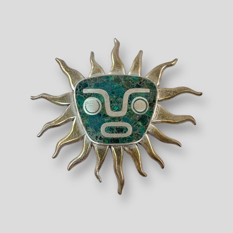 Taxco Sterling Silver Malachite Sun God Aztec Necklac… - Gem