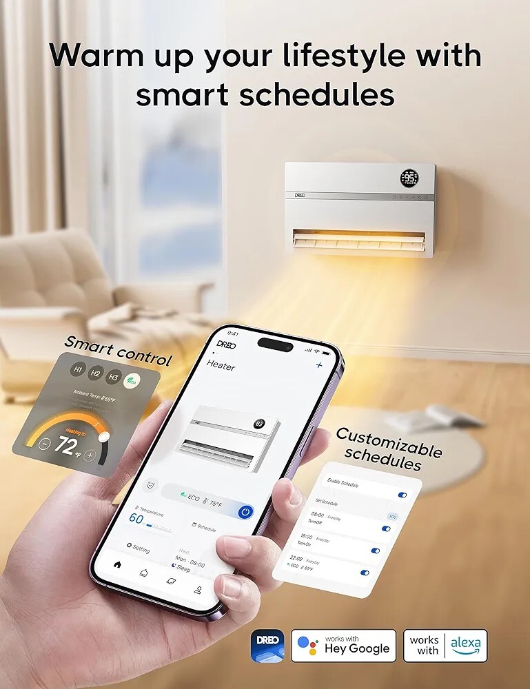 Dreo Wall Smart Space Heater ALCI Plug 1500W 120° Oscillation Bathroom ...