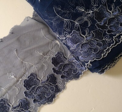 3.5 Yards 7.5" Wide Dark Blue Tulle Lace/Embroidered Blue/Silver Flower ...