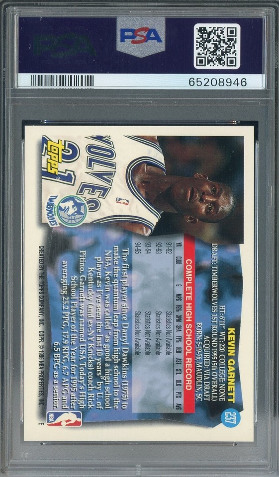 1995 Topps #237 Kevin Garnett Timberwolves RC Rookie PSA 10 GEM MINT | eBay