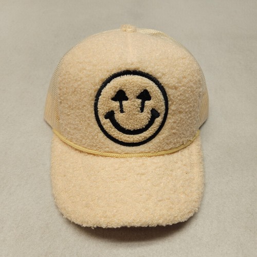 HAPPY TO BE HERE Mens Cap Adjustable Size Light Beige Smiley Face | eBay