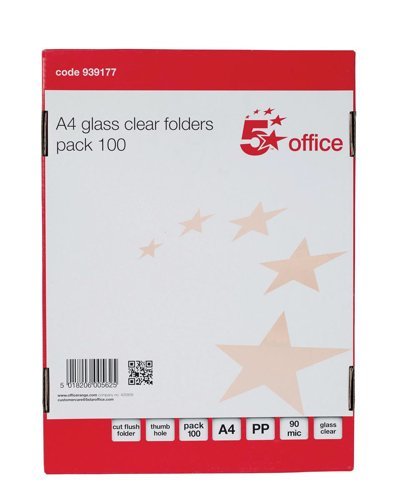 5 Star A4 Glass Clear Folders Pk Of 100, 90 Mic, Cut Flush Folder ...