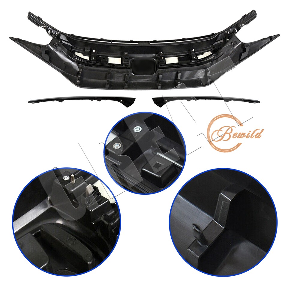 For 2019-20 Honda Civic Glossy Black Front Hood Mesh Grille With Eyelid ...