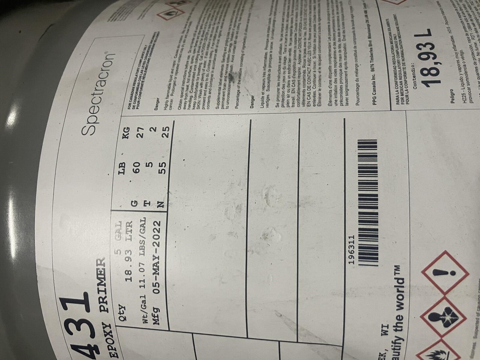 PPG SEP76431 2.8 VOC GREEN 2K EPOXY PRIMER SPECTRACRON 5 GALLONS RARE ...