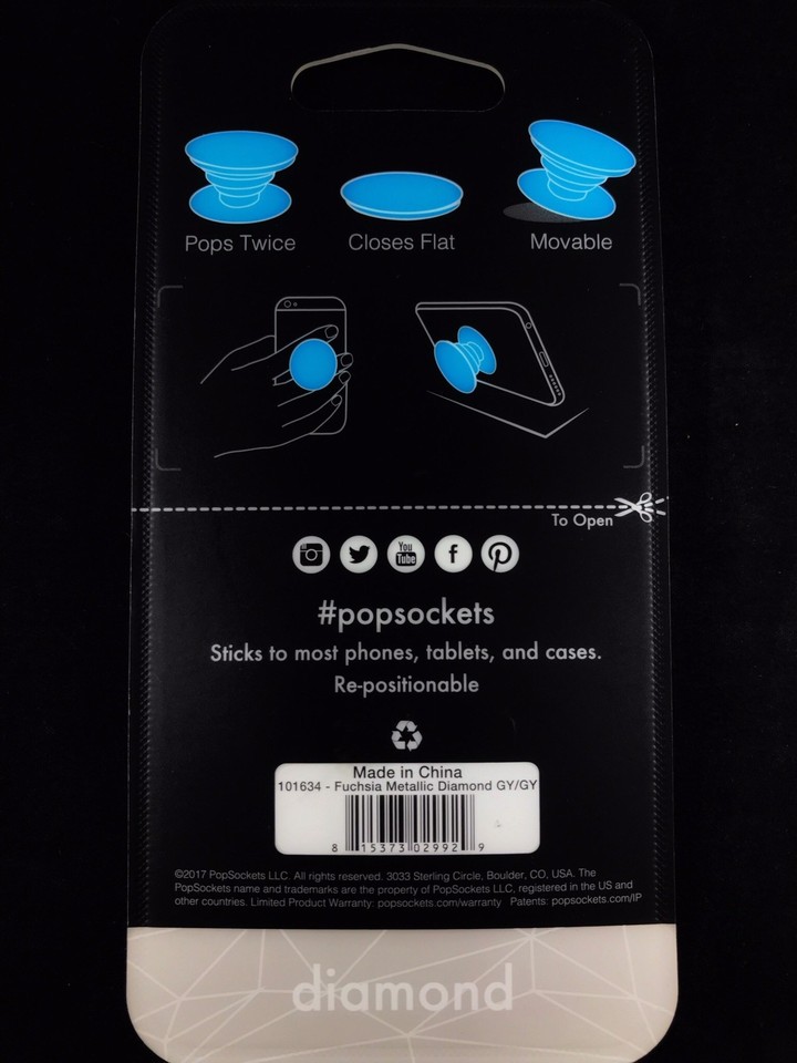 PopSockets Premium Black Diamond Metal Phone Holder Grip Popsocket Pop ...
