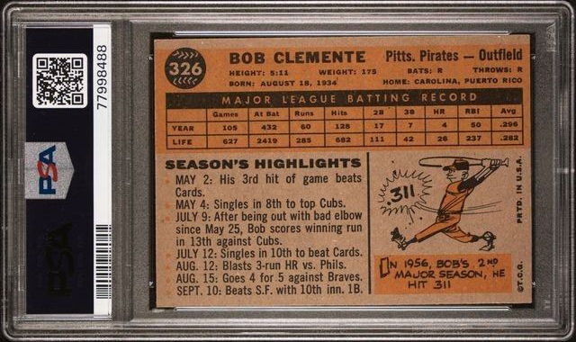 1960 Topps Baseball Bob Clemente PSA 5 EX Pittsburgh Pirates Card #326 ...
