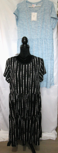 Lularoe ARIEL Large DRESS Tiered 2 BLACK WHITE STRIPES Heathered LIGHT ...