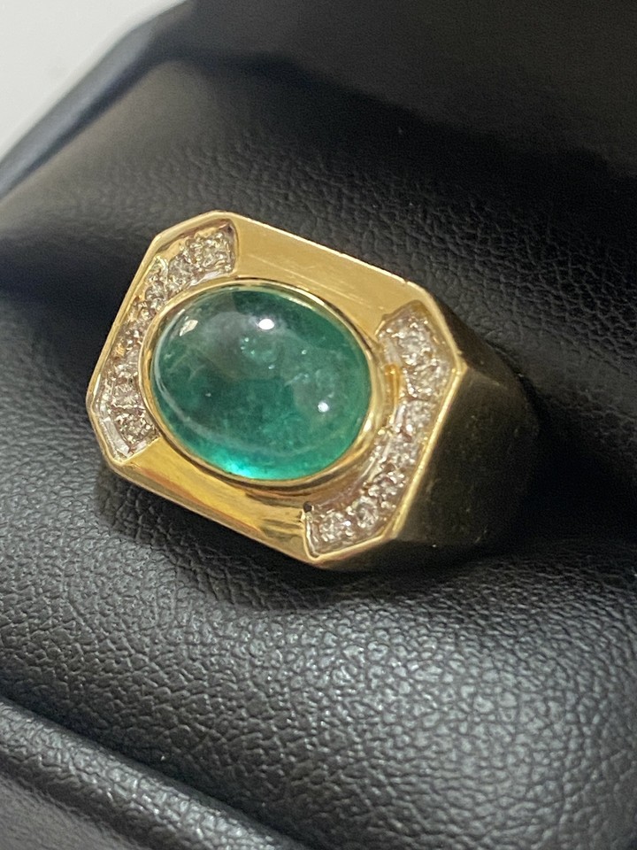 Vintage 14K 585 Men’s Emerald Cabochon Diamond Ring | eBay