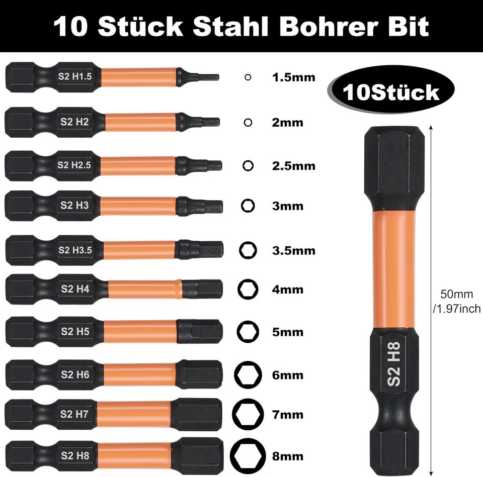 10 pcs Hex Key Allen Bit Set 2” Long Quick Change Impact Driver Metric ...