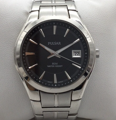 Pulsar Watch Men Silver Tone Date VX42-X336 Black Dial 50M New Battery ...