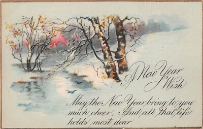 Barren Trees on Snowy River Banks on Old Art Deco New Year Motto ...