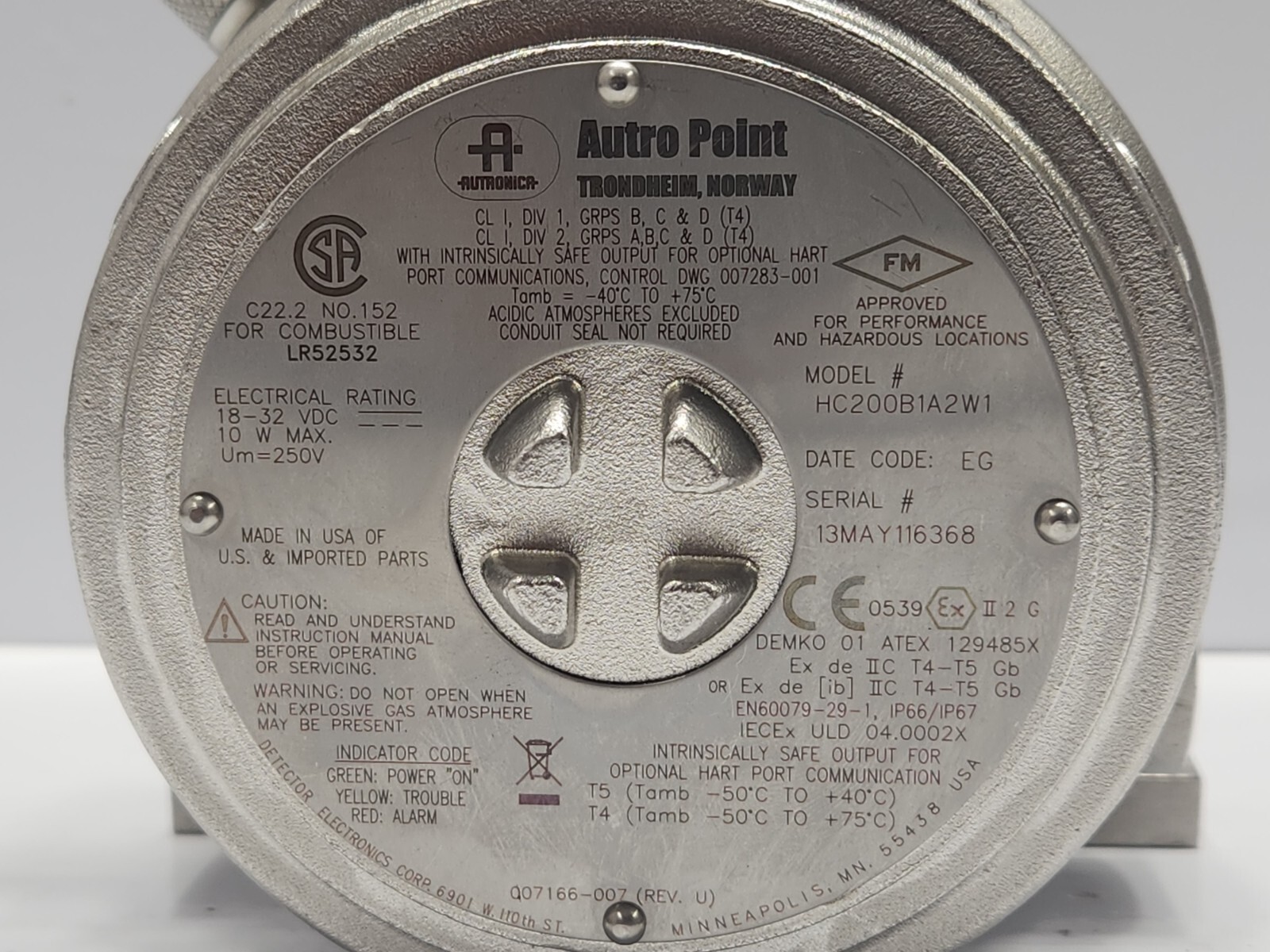 AUTRONICA AUTRO POINT HC200B1A2W1 METHANE GAS DETECTOR 007166-007 ...