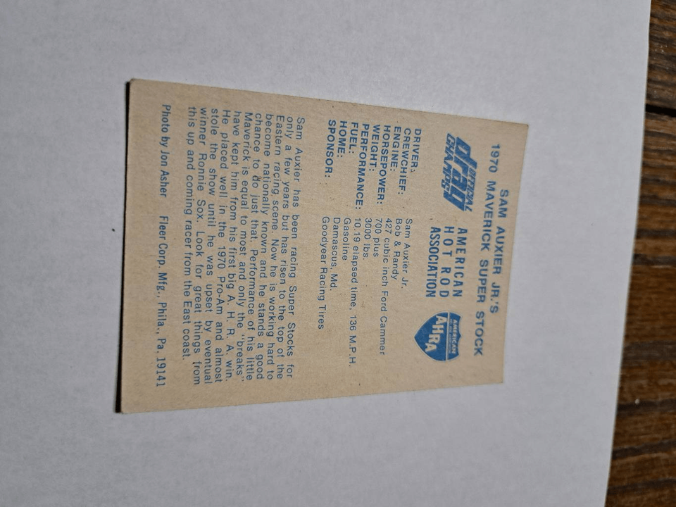 Vintage 1971 Sam Auxier Jr Maverick Super Stock Fleer Drag Champs ...
