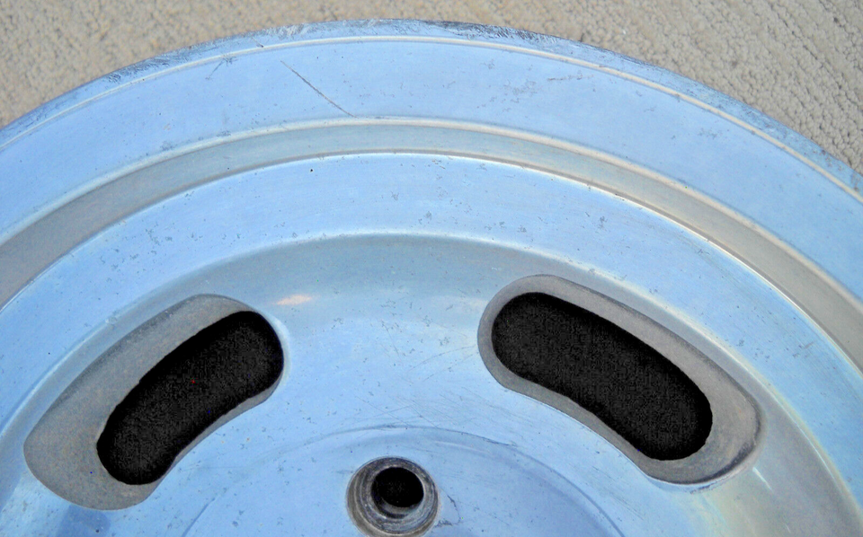 PAIR OF VINTAGE APPLIANCE PLATING 14"x7" ALUMINUM SLOT MAG WHEELS. GM 5 ...