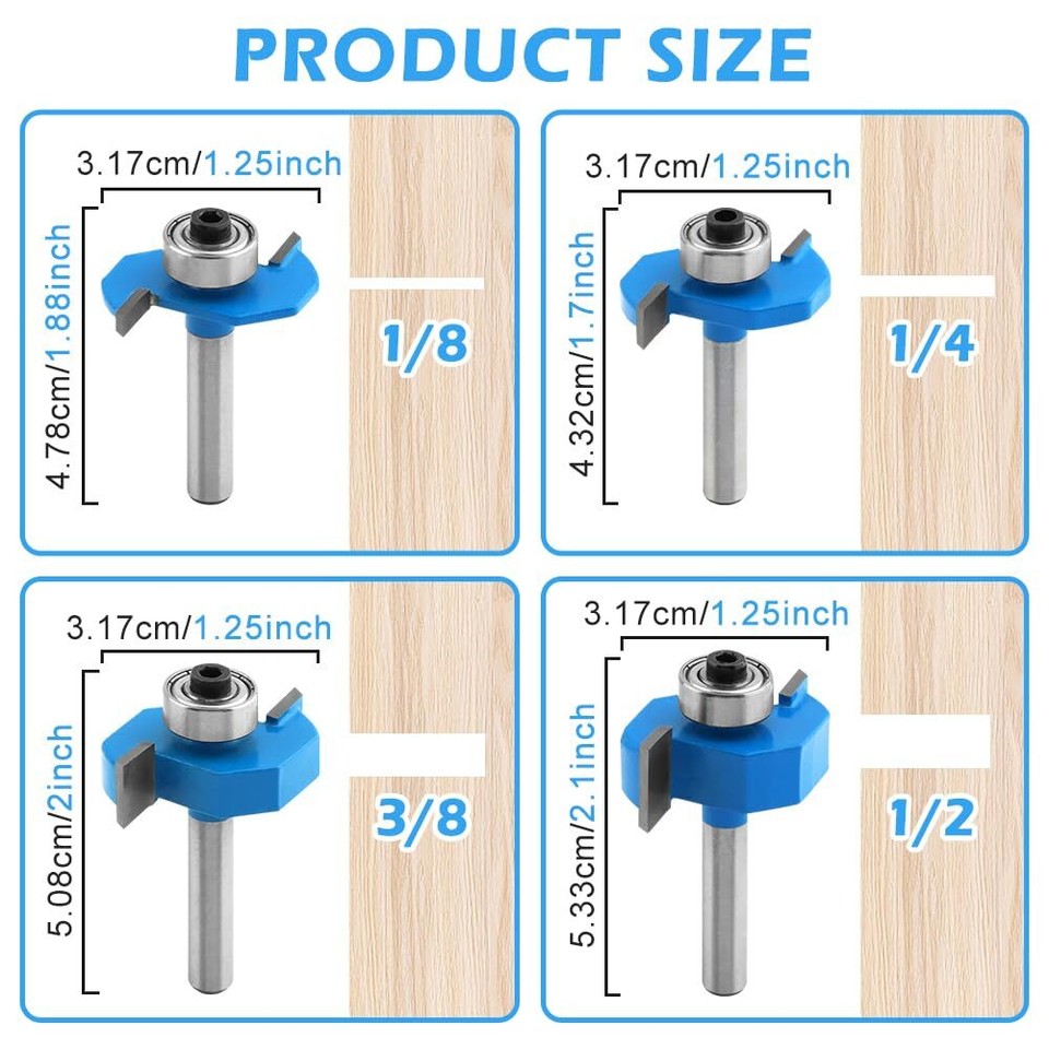4Pcs Rabbet Router Bits 1/4" Shank with 6 Bearings Set, 1/16", 1/8", 3/ ...