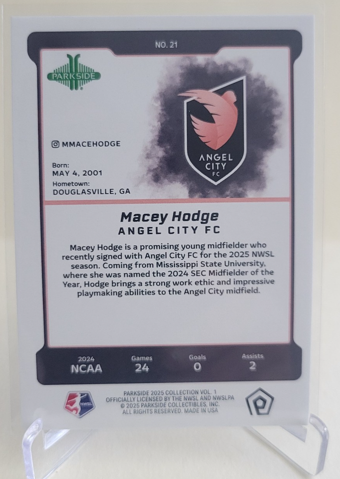 2025 PARKSIDE NWSL VOL 1 MACEY HODGE RC SHIMMER FOIL #21 ANGEL CITY FC ...