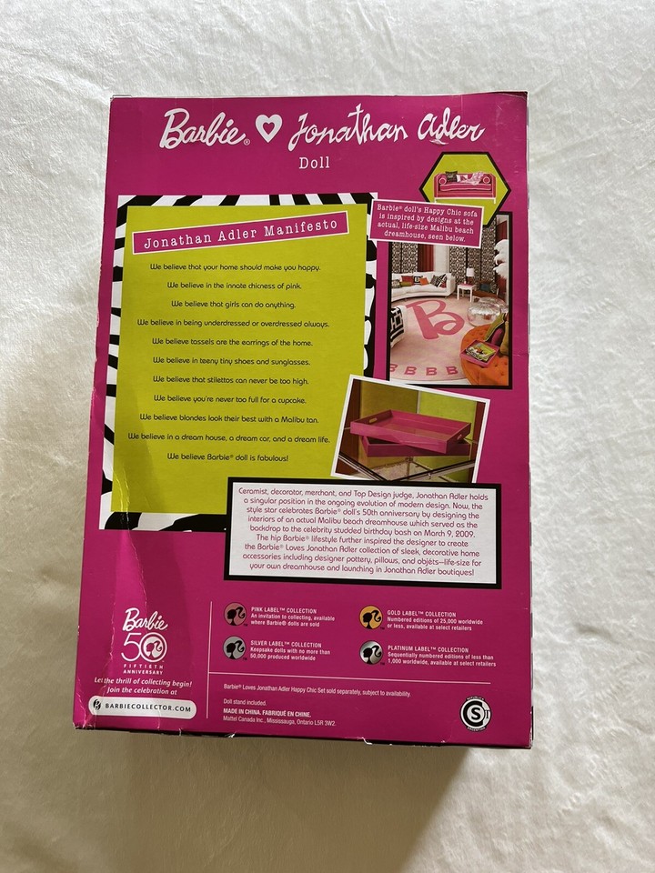 Barbie 50th Anniversary Jonathan Adler Pink Label Doll 2009 Mattel ...