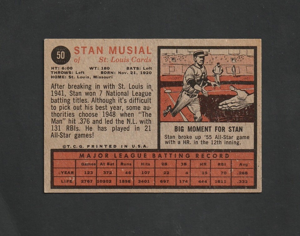 1962 Topps Stan Musial #50 ~~ St Louis Cardinals Icon ~~ Stan the Man ...