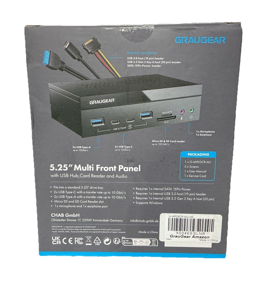 GRAUGEAR 5.25" PC Front Panel USB Hub - 10Gbps USB-C Ports, Dual USB 3. ...