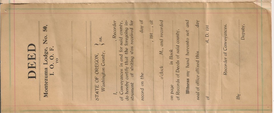 #803 Hillsboro OREGON 1924 Montezuma Lodge No. 50 IOOF Cemetery Deed ...