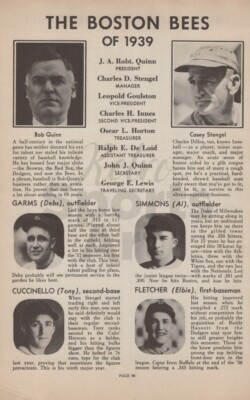Boston Bees Braves Casey Stengel Team Profile Vintage Print Ad 1939 ...