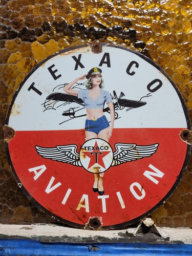 VINTAGE TEXACO PORCELAIN GASOLINE SIGN OLD AVIATION OIL PETROLEUM ...