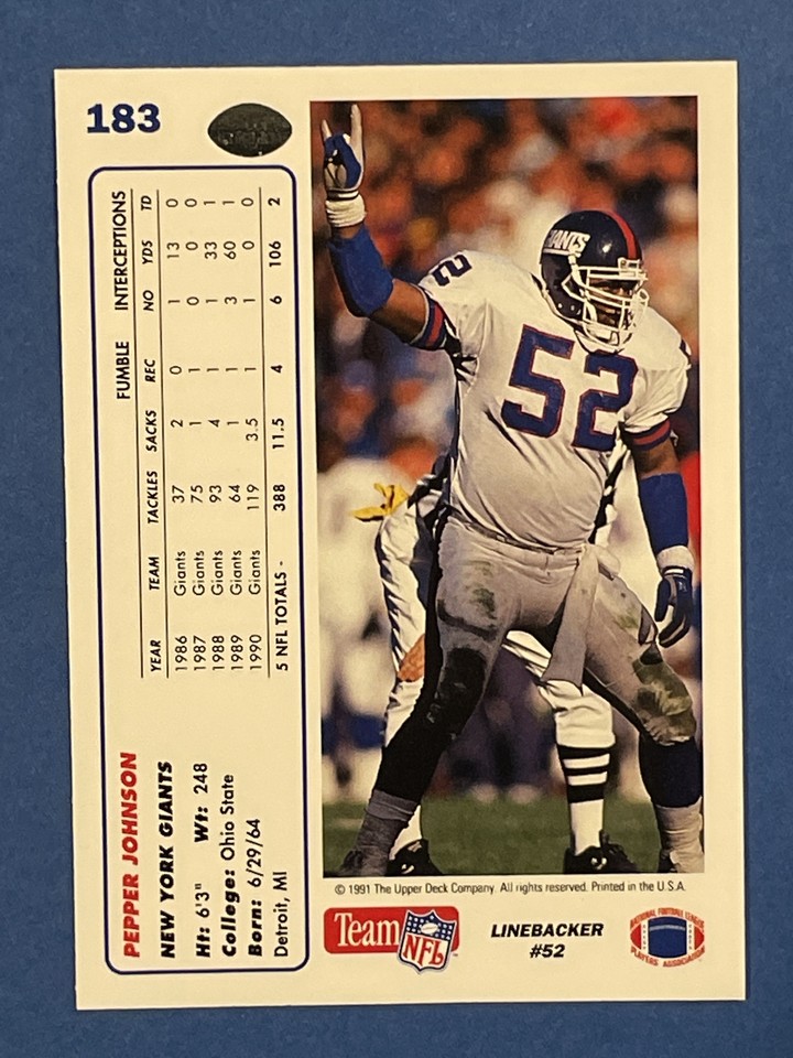 Pepper Johnson 1991 Upper Deck Base #183 New York Giants | eBay