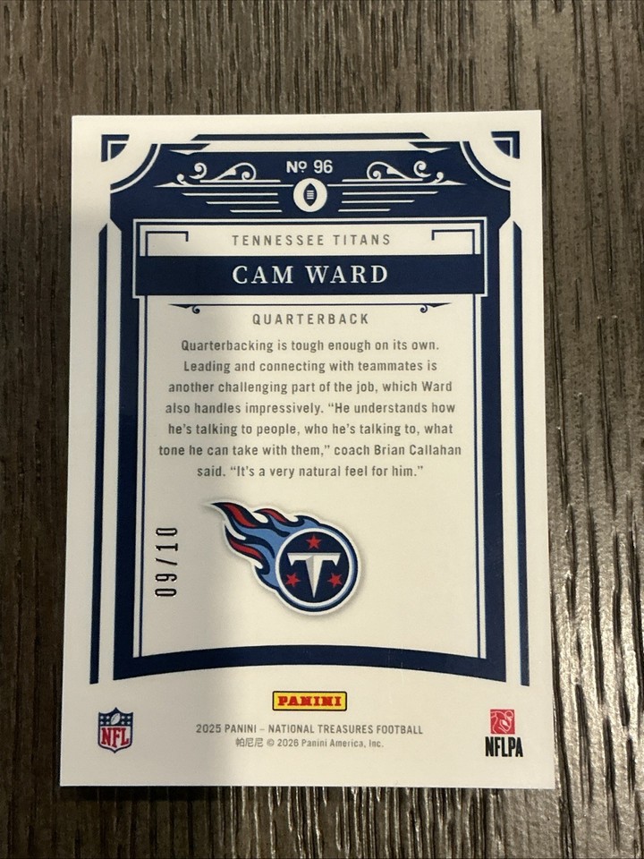 2025 National Treasures Football Premium True Gold Cam Ward RC Titans 9 ...