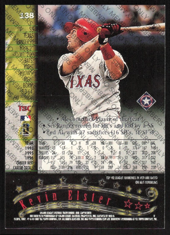 1997 Topps Stadium Club Members Only Kevin Elster #138 Texas Rangers | eBay