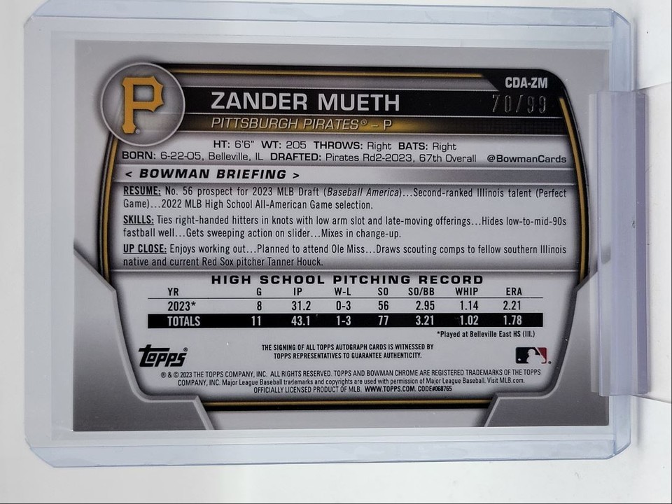ZANDER MUETH 2023 BOWMAN CHROME DRAFT 1ST AUTOGRAPH GREEN AUTO /99 ...